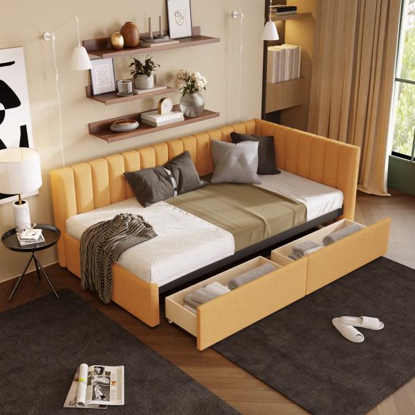 商品名: Harper &amp; Bright Designs Upholstered Daybed with 2 Storage Drawers, Twin Size Daybed with Wood Slats, Linen Fabr...