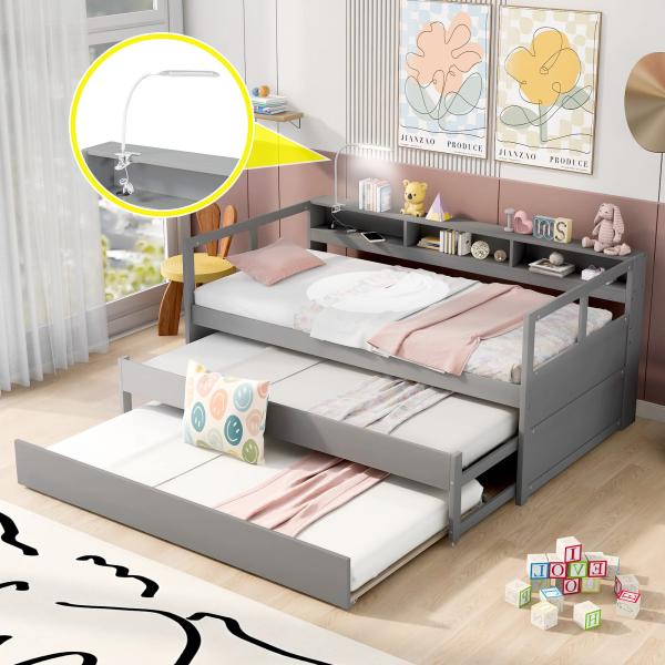 商品名: Polibi ツインXL デイベッド 2本のトランドル、3つの収納キャビ、ポータブルライトとUSB充電ポート、リビングルーム、ベッドルーム、アパート、グレー Polibi Twin XL Daybed with 2 Trundle...