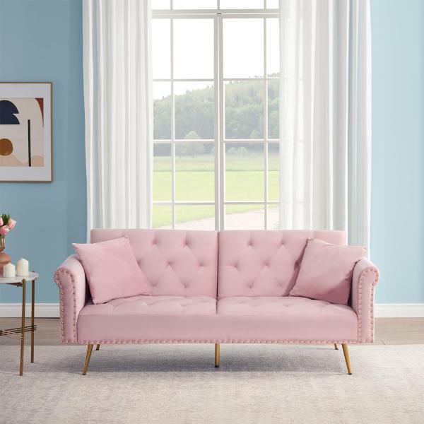 商品名:  Modern Velvet Fabric Sofa Bed Futon with 2 Pillows,5 Metal Legs,Couch with 3 Adjustable Angles,Convertible Small L...