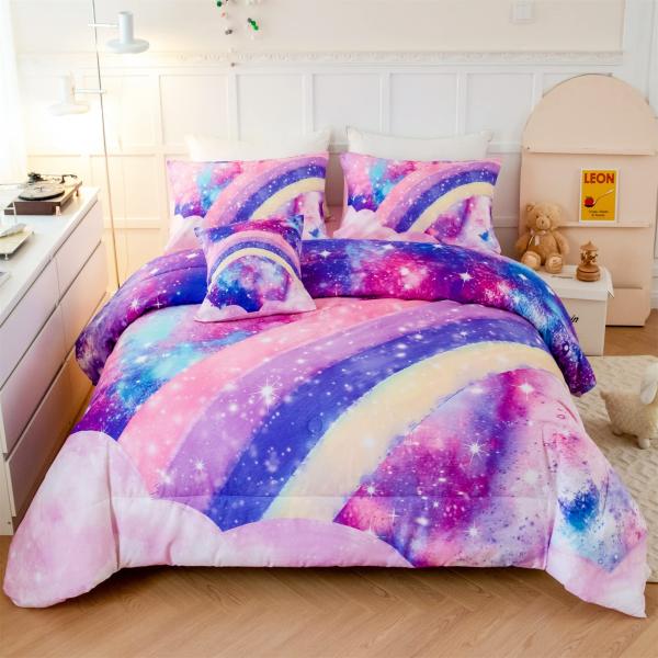商品名:  ANGIYUIN 6 Pcs Tie Dye Pink Twin Comforter Set for Girls Rainbow Galaxy Gradient Bed in A Bag Pastle Nebula Kids B...