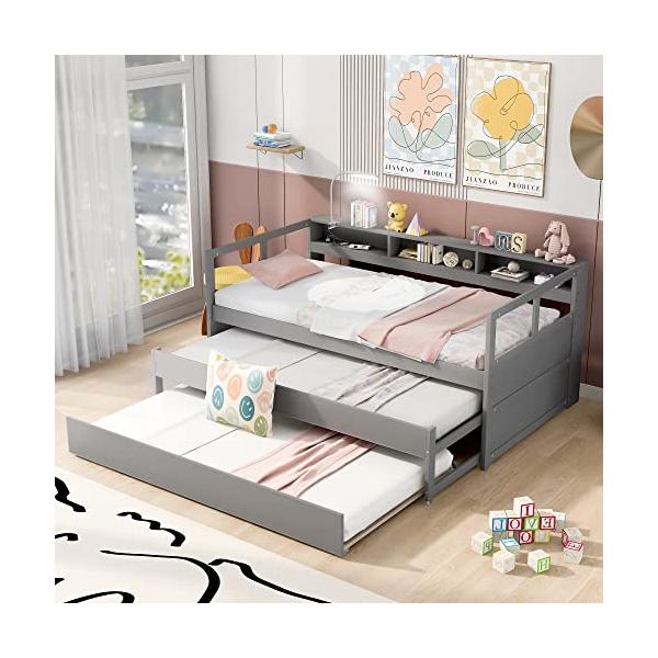 商品名:  Harper &amp; Bright Designs Twin XL Wood Daybed with 2 Twin Size Trundles, 3 Storage Cubbies, 1 Light for Free and...