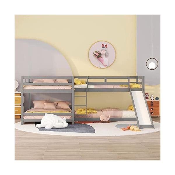 商品名:  MERITLINE Quad Bunk Beds,Wood L-Shaped Bunk Beds with Slide and Ladder, 4 in1 Full and Twin Size Bunk Bed for Kids...