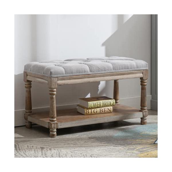 商品名: chairus 収納ベンチ 幅31.5インチ ボタン 房付き スモール 玄関ベンチ 木製シューズラック ベッドベンチ ファブリック付き リネン 布張り 長方形シート 寝室 廊下 小さなスペース用 グレー chairus Stora...