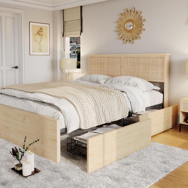 商品名:  Brafab Natural Rattan Queen Bed Frame with Wooden Headboard and 4 Storage Drawers, Boho Cane Bed Metal Platform Be...