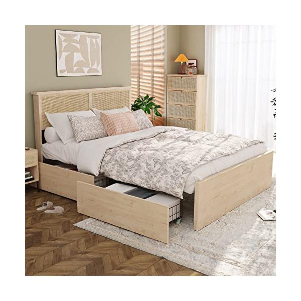 商品名: Yechen クイーンベッドフレーム 天然ラタンヘッドボードと木製4つの収納引き出し/フットボード付き 強力な木製スラットサポート付きメタルプラットフォーム ボーホーケーンベッドマットレスファンデーション ボックススプリング不要 ...