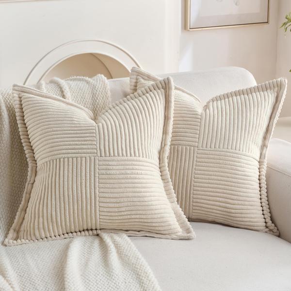 商品名: HAUSSY Beige Large Decorative Throw Pillow Covers 26x26 Inch Set of 2,Soft Solid Corduroy Striped Cushion Case,Squa...