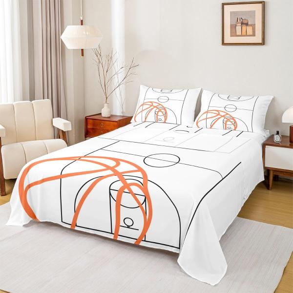 商品名:  Basketball Court Print Bed Sheet Set King Size,Basketball Sports Themed Geometric White Deep Pocket Fitted Sheet,1...