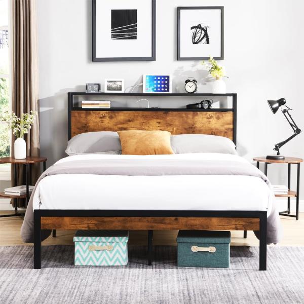 商品名:  Industrial Full Bed Frame, Platform Bed Frame with Power Outlets and 2 USB Ports and with 2-Tier Storage Headboard...