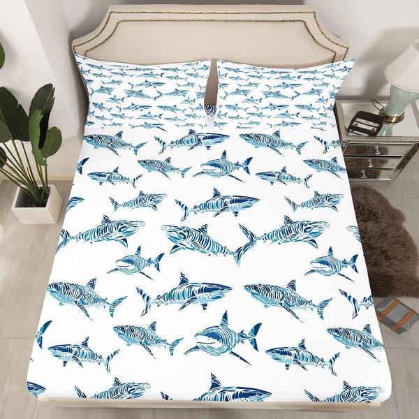 商品名:  Erosebridal Shark Bed Sheets Full Ocean Life Fitted Sheet for Child Boys Blue Watercolor Hand Drawn Cartoon Sharks...