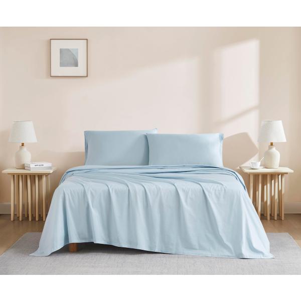 商品名: Linen Closet オーガニック コットン100% クイーンシーツ 4枚セット、45.72cmディープポケット、ライトブルー | 軽量、エコフレンドリーコットン、パーケール柔らかさ、耐久性と通気性、自然冷却 | オールシーズ...