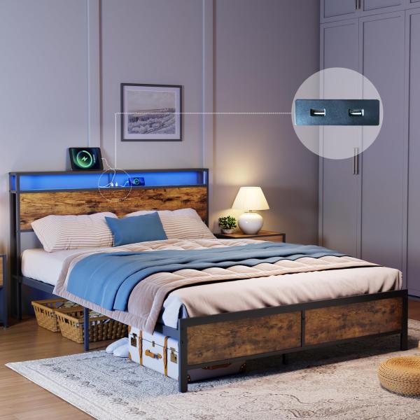 商品名: Anwick インダストリアル クイーン ベッドフレーム LEDライトと2つのUSBポート付き 2段収納ヘッドボードと強力なサポート脚付き より頑丈 ノイズフリー 箱のスプリング不要 (ラスティックブラウン、クイーン) Anwic...