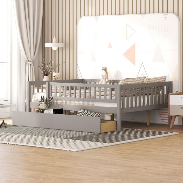 商品名:  Bellemave Full Size Bed Frame with Fence Railings and Storage Drawers, Wooden Montessori Style Kids Beds with Slat...