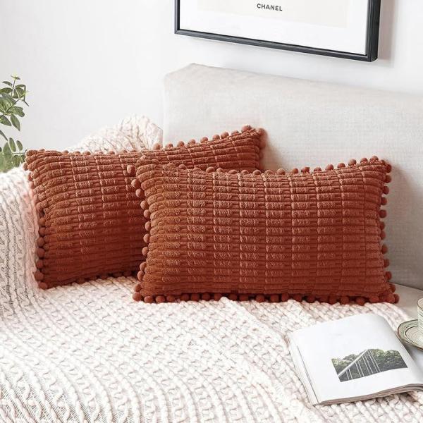 商品名:  MIULEE Fall Rust Corduroy Decorative Spring Throw Pillow Covers Pack of 2 Pom-pom Soft Boho Striped Pillow Covers ...