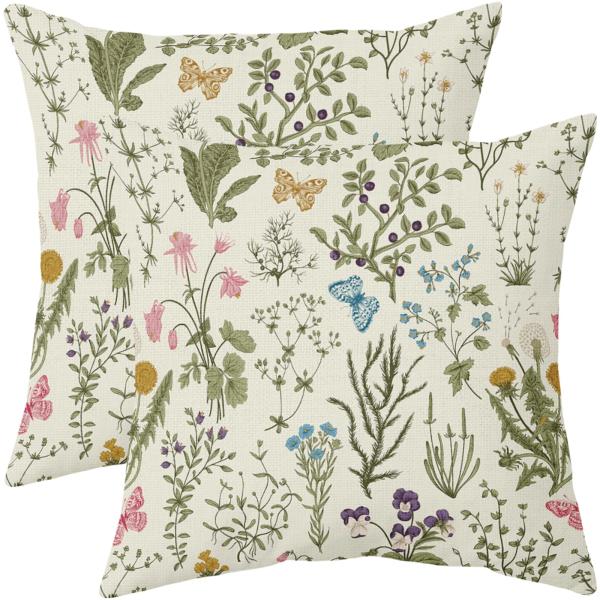 商品名: セージグリーン フローラル枕カバー 18x18 2枚セット 春の野生の花 装飾スローピロー 屋外 夏 植物プリント ファームハウス 枕カバー リネン クッションケース ホームデコレーション ソファ カウチ ベッド用 Spring ...