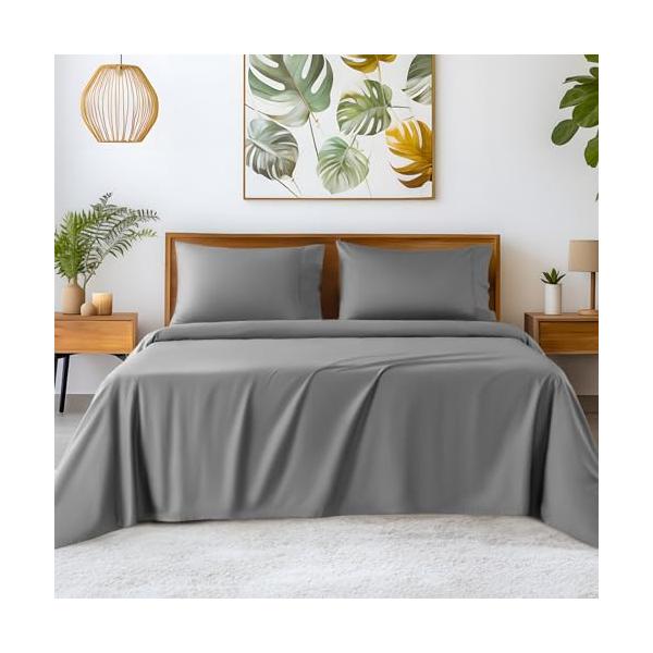 商品名: SONORO KATE エジプト綿100%シーツ - 1200スレッドカウント、ラグジュアリー&amp;クーリングホテルコットンベッドシーツセット4ピース、ソフトな感触のサテン織り、最大16インチのマットレスにフィット(グレー、キ...