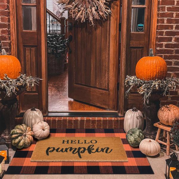 商品名:  Fall Decor Door Mat Combo Set, 100% Coco Coir Welcome Mat + 28 x 43 Inches Orange and Black Plaid Rug- Fall Thanks...