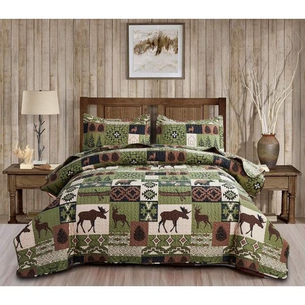 商品名:  Ycosy Rustic Lodge Quilt Set Moose Elk Bedspread Full/Queen Size Forest Bear Deer Quilt Matcha Green Reversible Fe...