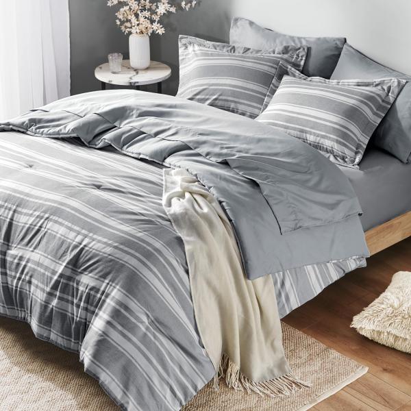 商品名: Queen Size Bed in a Bag, Full Bedding Sets, Modern Farmhouse Grey and White Striped Comforter with Sheets, 7-Piece ...