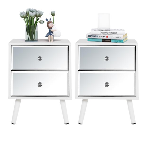 商品名:  STHOUYN White Nightstand Set of 2, Mirrored Bedside Table Set of 2, Modern Bedroom Night Stands with 2 Drawer, Bed...