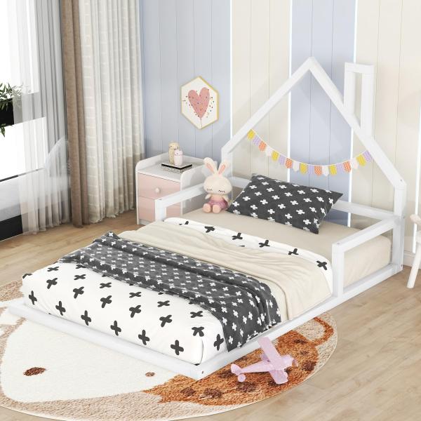 商品名:  Bellemave Floor Bed for Kids, Full Size Montessori Bed with House Shape Headboard and Railings, Wood House Bed wit...