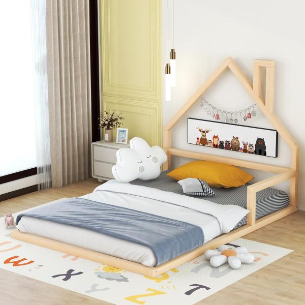 商品名:  Bellemave Floor Bed for Kids, Full Size Montessori with House Shape Headboard and Railings, Wood Slats Boys Girls,...