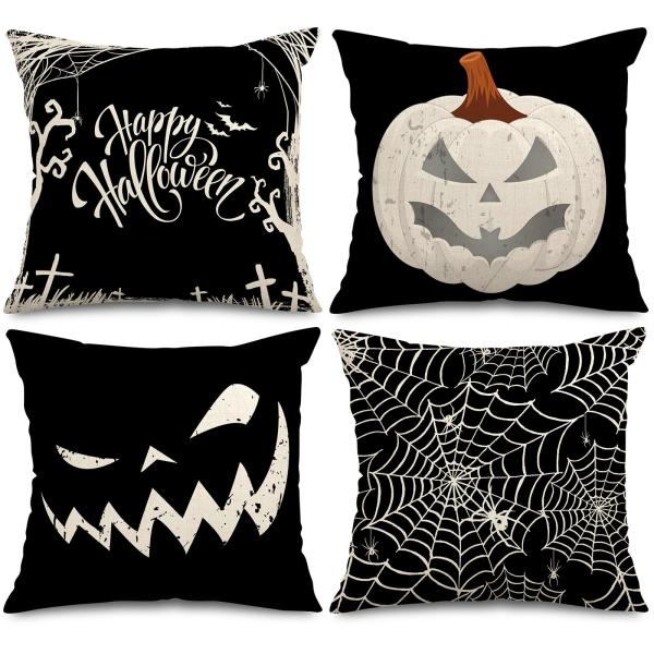 商品名: Whaline ハッピーハロウィンクッションカバー 16 x 16インチ パンプキンクモの巣 ブラックリネン スロークッションカバー ホームオフィス ハロウィン ソファ ベッド装飾 4枚 Whaline Happy Hallowe...