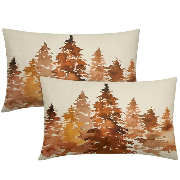 商品名: 水彩 バーントオレンジツリー クッションカバー 12x20 2枚セット 秋 素朴 自然 森 装飾 スローピロー 秋 アウトドア ピローケース ファームハウス ランバー リネン クッションケース ソファ カウチ ベッドの装飾 Fal...