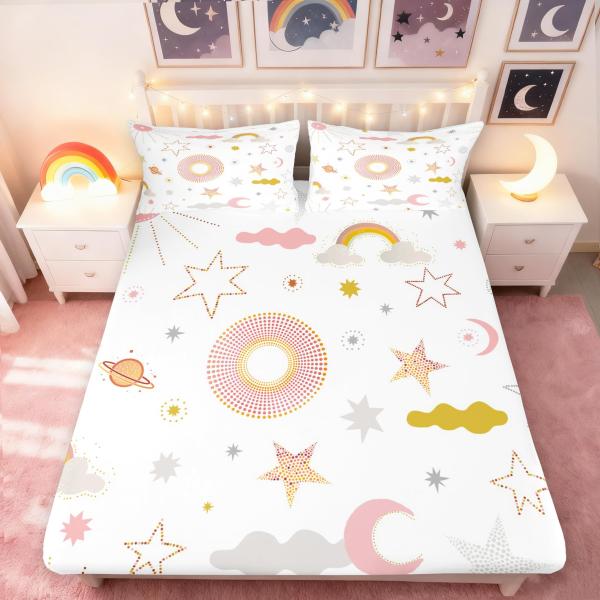 商品名: 星空 月 キッズ ボックスシーツ クイーンサイズ、キラキラ レインボー 太陽 星 プリント 寝具セット 3点 ボーホースタイル ベッドシーツ 女の子 男の子 ティーン 部屋の装飾、ピンクゴールド ホワイト ディープポケット シート...