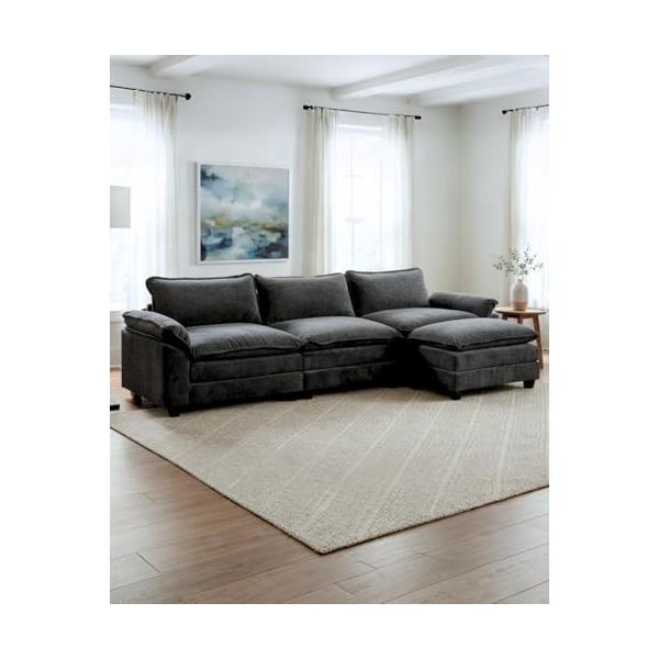 商品名: Karl home セクショナルソファ モダン ディープ3人掛け オットマン付きソファカウチ シェニール織ソファ スリーパー 快適な布張り家具 リビングルーム アパート スタジオ オフィス用 ブラック Karl home Sect...