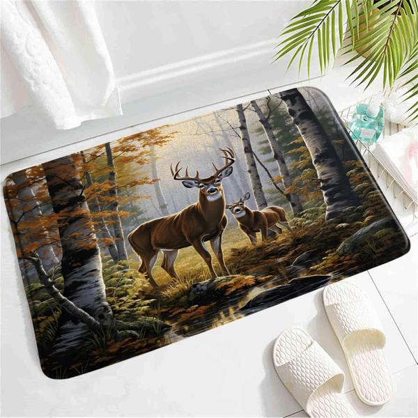 商品名:  Fall Forest Deer Bath Mat,Autumn Wildlife Elk Trees Woodland Farmhouse Cabin Hunting Camping Country Nature Scenic...