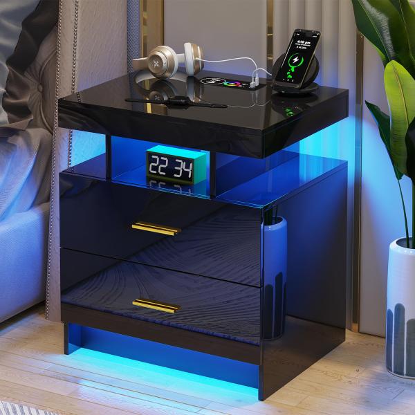 商品名:  SKKTKT LED Nightstand with Charging Station, Modern Black Bedside Table with Body Sensor Light, Night Stand with 2...