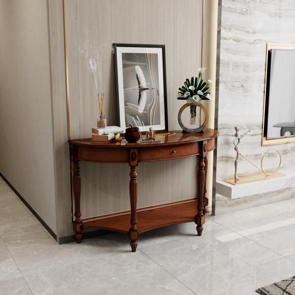 商品名:  Solid Wood Semi-Circle Sofa Table with Drawer, 45.3" Traditional Living Room Console Table with Open Bottom Shelf ...