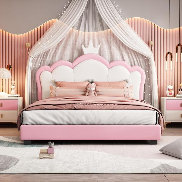商品名:  Bellemave Full Size Princess Bed with Crown Headboard, PU Upholstered Platform Bed Frame for Boys Girls, No Box Sp...