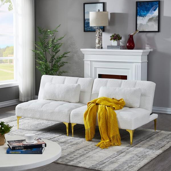 商品名:  Convertible Futon Couch Bed with Gold Metal Legs, Modern Multi-Functional Convertible Sofa Bed, Teddy Fabric, Smal...
