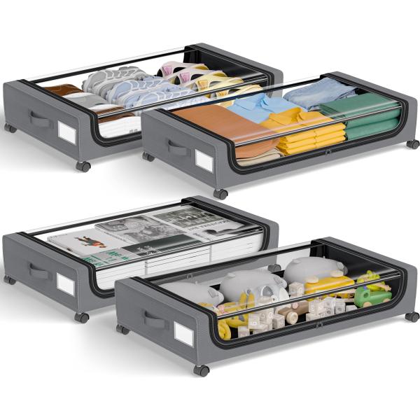商品名: GoMaihe ベッド下収納 キャスター付き 4個パック 48L アップグレード容量 ベッド下ストレージコンテナ クリア蓋付き XXXL ローリングベッド下引き出し 衣類 本 おもちゃ 靴収納 グレー GoMaihe Under ...