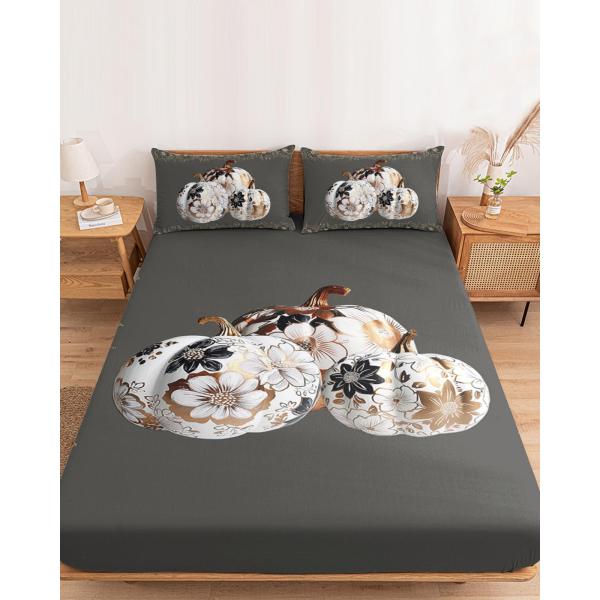 商品名:  Bedding Twin Size Fitted Sheets Fit 5"-16" Deep Pocket Mattress,Fall Flower Texture on White Pumpkin Soft Bottom S...