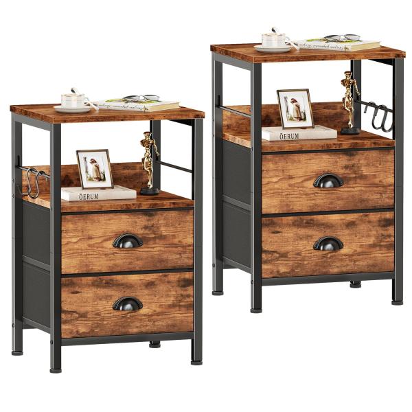 商品名: Furologee ナイトスタンドセット2、ファブリック引き出し2つ付きベッドサイドテーブル、フックと棚付きエンドテーブル、ベッドルーム/リビングルーム/書斎/廊下/ブラウンのサイドテーブル Furologee Night Sta...