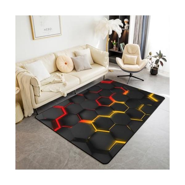 商品名: 3D抽象格子柄エリアラグ 5x6フィート6インチ モダン 幾何学模様 パッチワーク グリッド ノンスリップ ラグ ティーン 大人用 イエロー レッド ネオンライト ハニカム 屋内フロアマット オフィス 寝室 ソファ用 3D Abs...