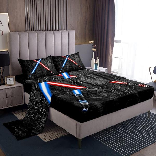 商品名:  Lightsaber Bed Sheets Full Size 3D Neon Blue Red Bedding Set 4Pcs Geometric Sun Moon Round Sheet Set for Kids Boys...