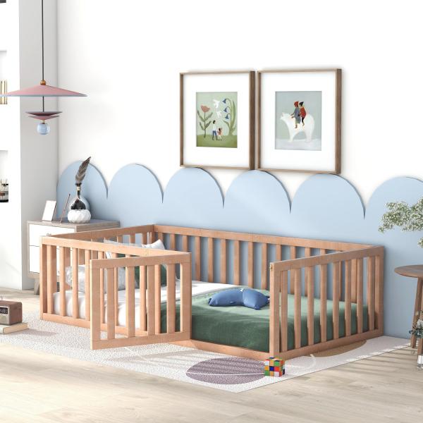 商品名:  Harper &amp; Bright Designs Twin Floor Bed with Fence and Door, Montessori Floor Bed Wood Frame for Kids Girls Boy...