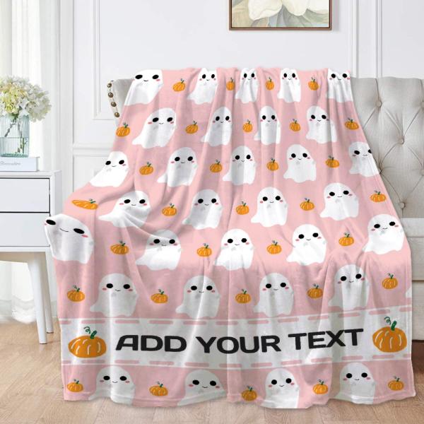 商品名:  Custom Halloween Blanket Gifts for Girl Women Cute Ghost Pumpkin Pink Blankets Soft Cozy Fleece Couch Living Room ...