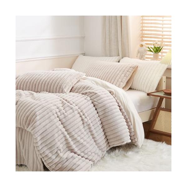 商品名: Bildenly ふわふわ 掛け布団カバー クイーンサイズ ウルトラソフト フェイクファー 寝具セット ベージュ 冬 暖かい 縦縞 掛け布団カバーセット 3点セット 暖かくてふわふわしたベッドセット 枕カバー2枚付き Bilden...