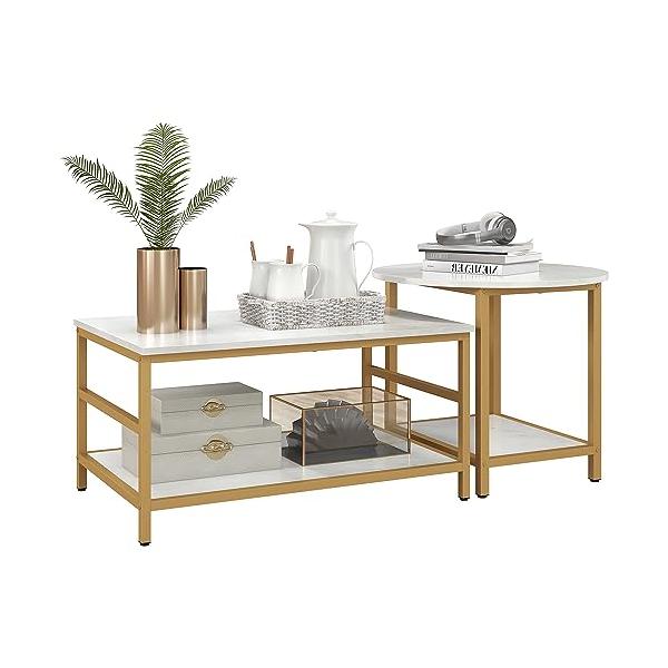 商品名: HOMCOM コーヒーテーブル 2枚セット 2連 長方形 円形 コーヒーテーブル 収納棚付き フェイクマーブルトップ スチールフレーム リビングルーム用ソファサイドテーブル ホワイト HOMCOM Coffee Tables Se...