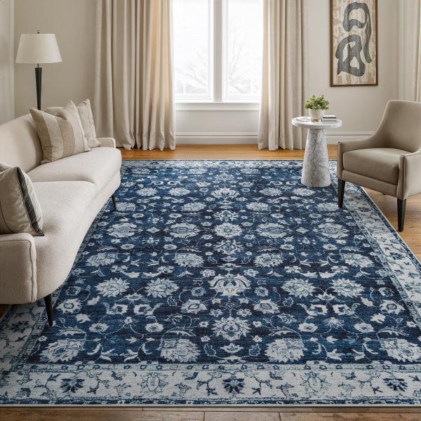 商品名:  Bloom Rugs Washable Non-Slip 8' x 10' Rug - Dark Blue Traditional Bordered Area Rug for Living Room, Bedroom, Dini...
