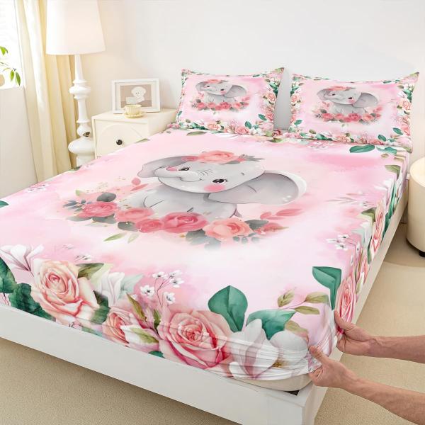 商品名:  Cute Elephant Kids Fitted Sheet Twin Size,Roses Flowers Romantic Dreamy Bedding Set,Girls Boys Adults Room Decor,A...