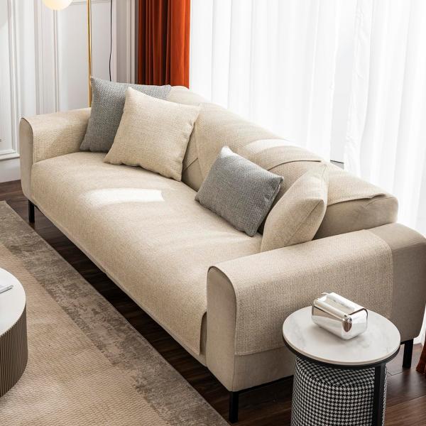 商品名: vctops 素朴なリネン テクスチャー カウチ ソファカバー 無地 ノンスリップ セクショナル カウチ カバー ソフト ソファ スリップカバー 犬 子供 ペット 家具プロテクター (ベージュ、43インチx82インチ) vctop...