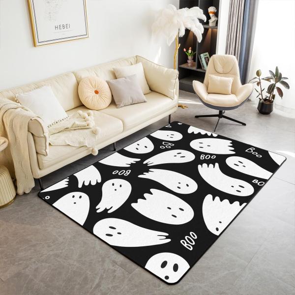 商品名:  Cartoon Halloween Ghost Area Rug 5x6'6'', Black White Rug for Bedside Living Room Backyard Sofa Decoration,Kids Ca...