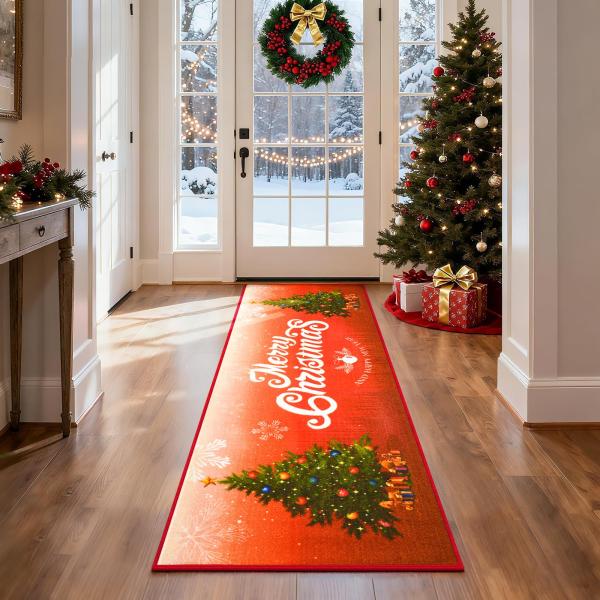商品名: Deerhoo クリスマス ランナー ラグ 2 x 6フィート 滑り止め メリークリスマス キッチンラグ レッド ホリデー フロアランナー 屋内 ゴムの裏地付き 廊下、リビングルーム、シンクの前、家の装飾用 Deerhoo Chr...