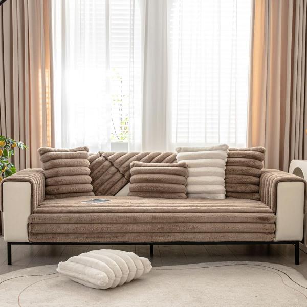 商品名: vctops 3Dストライプフェイクファー ソファカバー 厚くて暖かいソフトソファーカバー 滑り止め ふわふわ ふわふわのソファスリップカバー シャギー 快適 洗濯可能 家具プロテクター ペット/子供用 (ダークコーヒー、36イン...