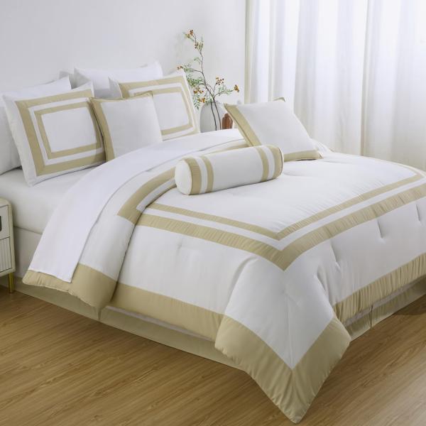 商品名:  Chezmoi Collection Caprice 7-Piece Hotel Style Comforter Set - White/Tan Square Pattern Modern Color Block Bedding...